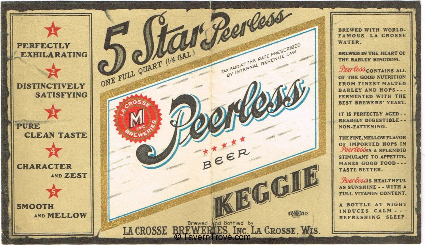 Item #31039 1937 5 Star Peerless Beer"Keggie" Label WI218-10