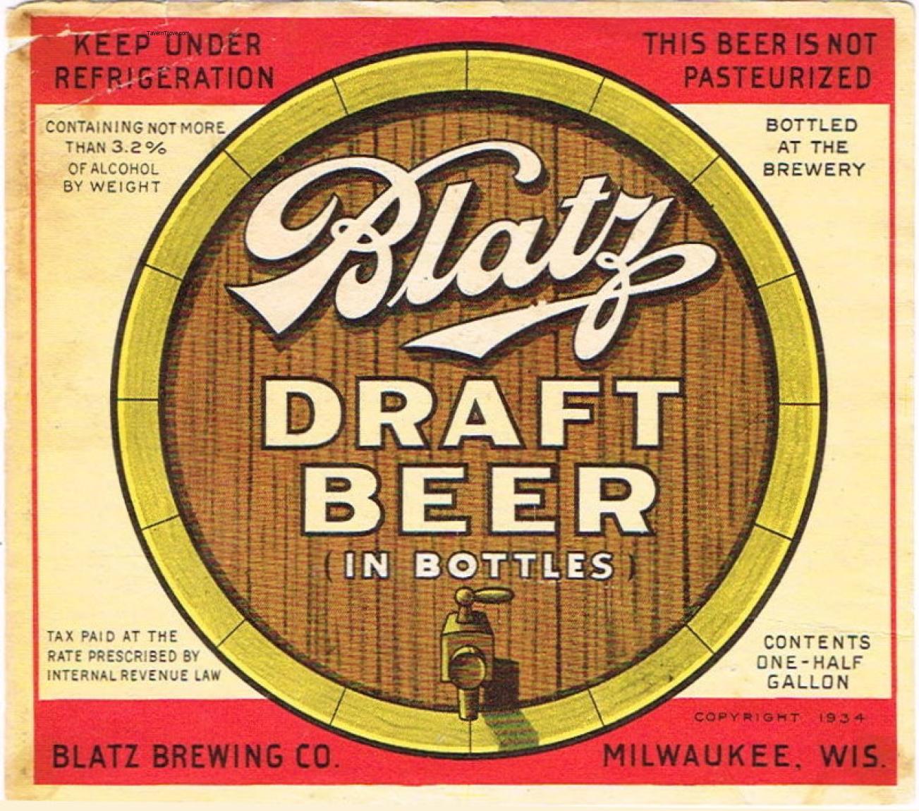 Item #90999 1934 Blatz Draft Beer Label WI288-77