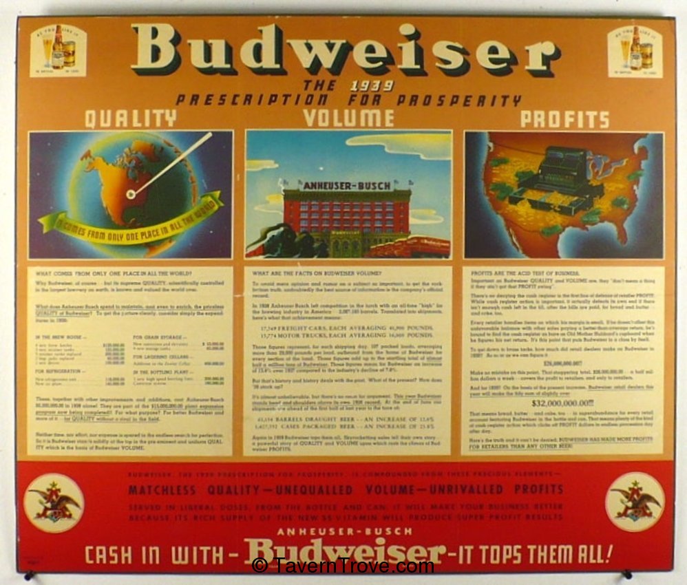 Item #87532 1939 Budweiser Beer cardboard Sign