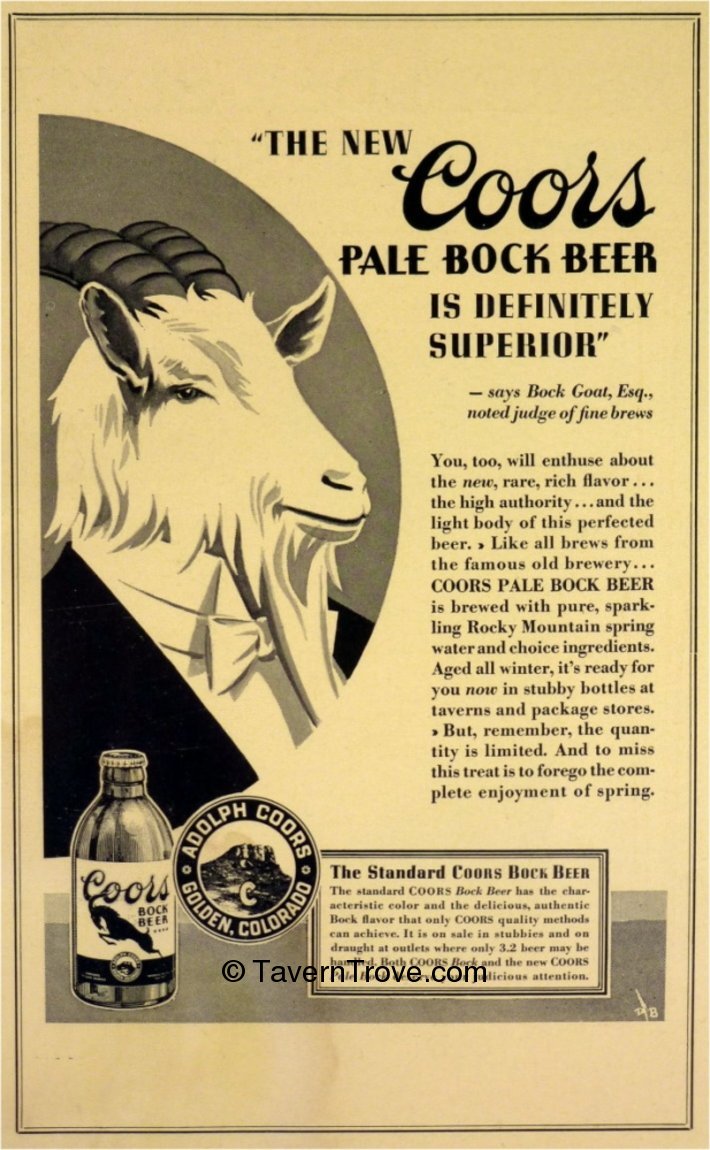 Item #21835 1938 Coors Pale Bock Beer Paper Ad