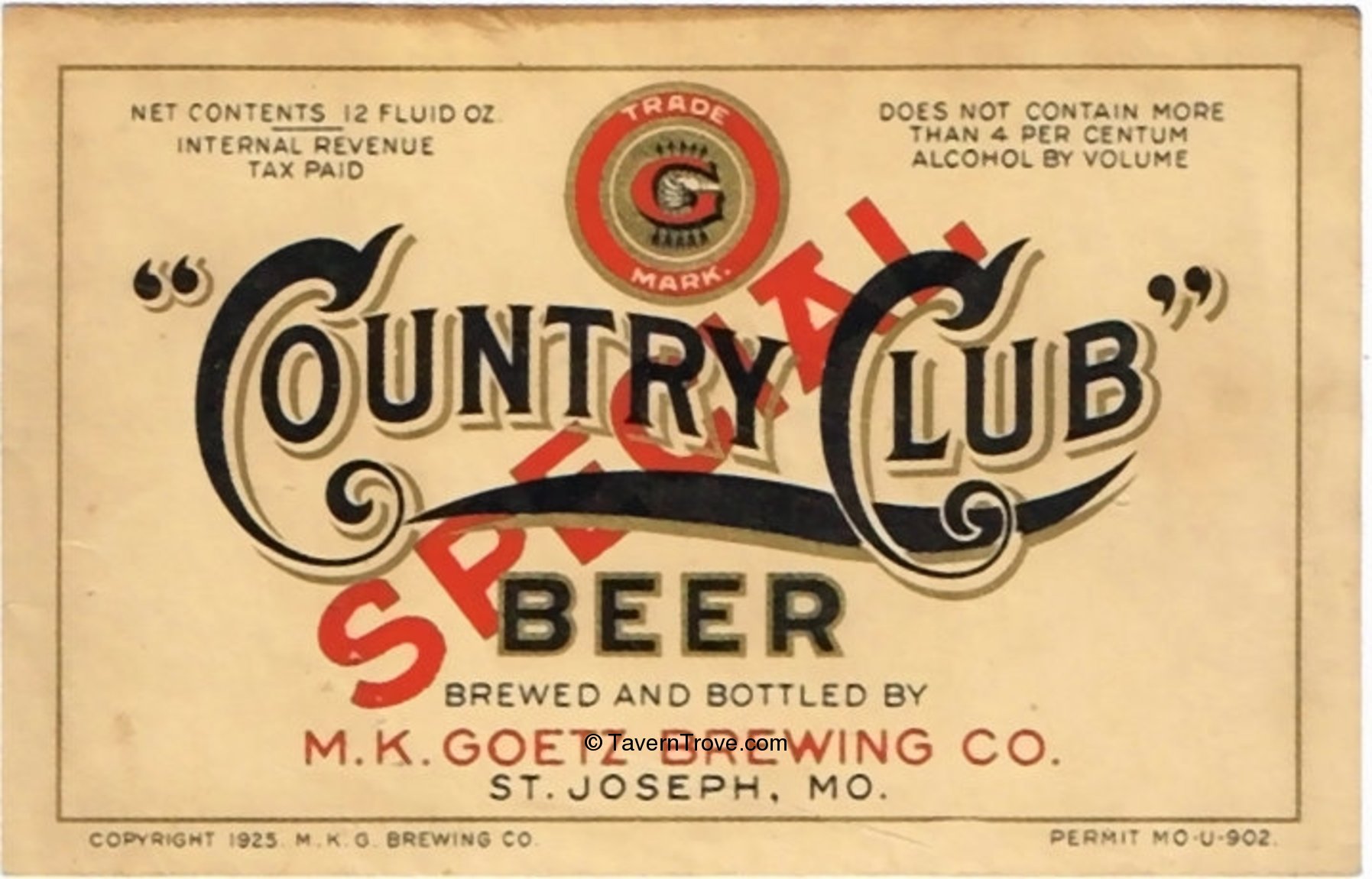 Item #24591 1933 Country Club Special Beer Label