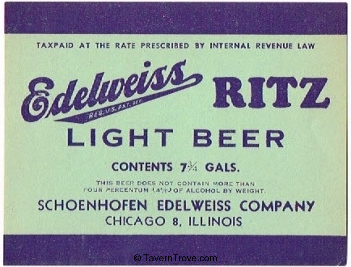 Item #66957 1936 Edelweiss Ritz Light Beer Label IL46-23b