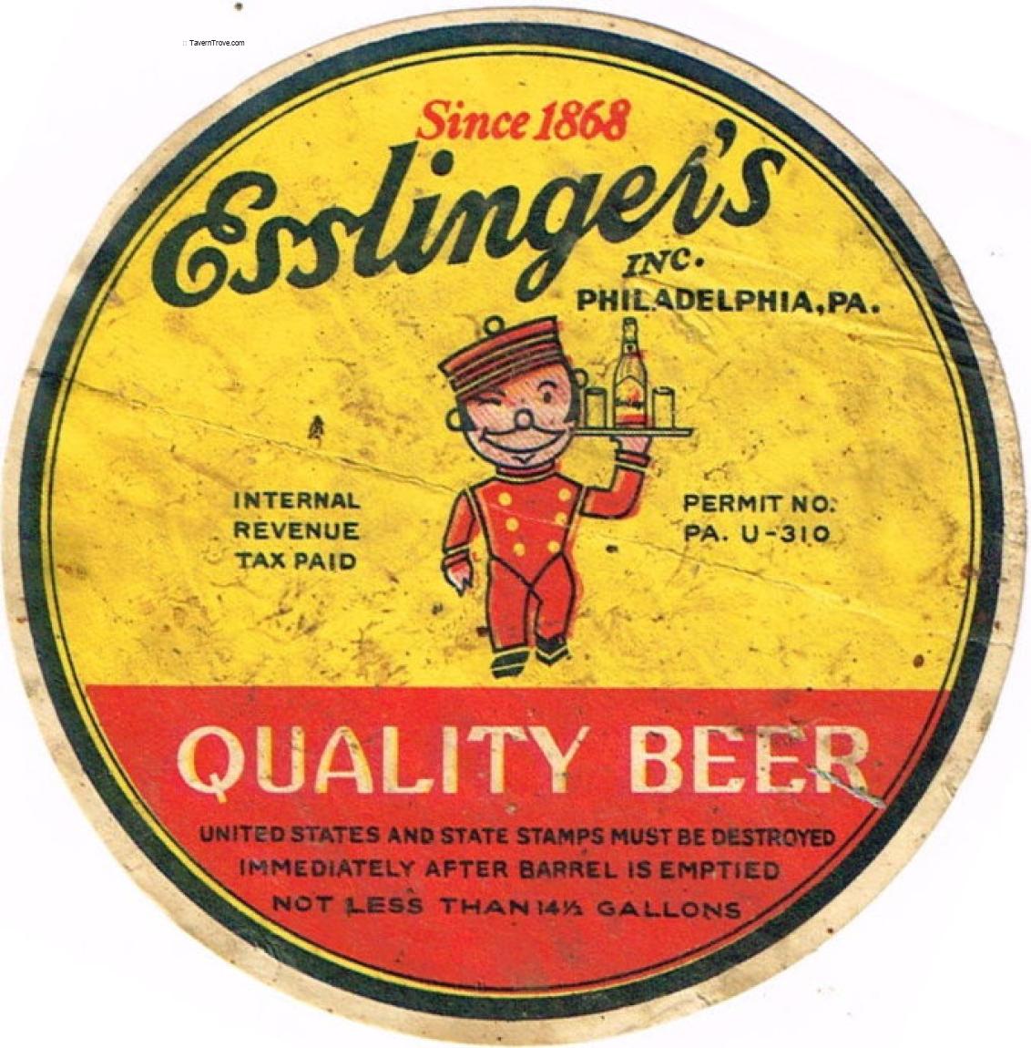 Item #23896 1938 Esslinger's Quality Beer Label PA73-11