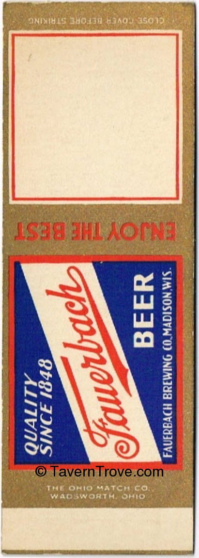 Item #25563 1940 Fauerbach Beer (sample) Matchcover WI-FAUER-7-1