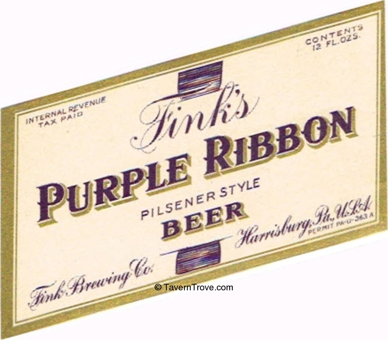 Item #2957 1934 Fink's Purple Ribbon Beer Label PA36-01