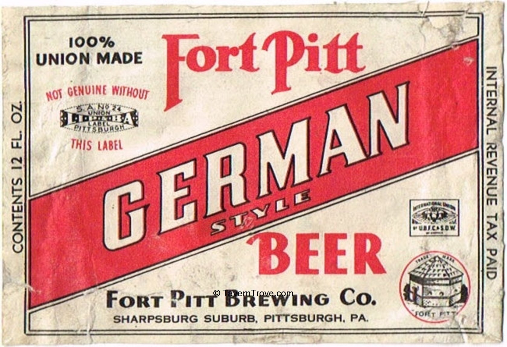 Item #82200 1937 Fort Pitt German Style Beer Label No Ref.