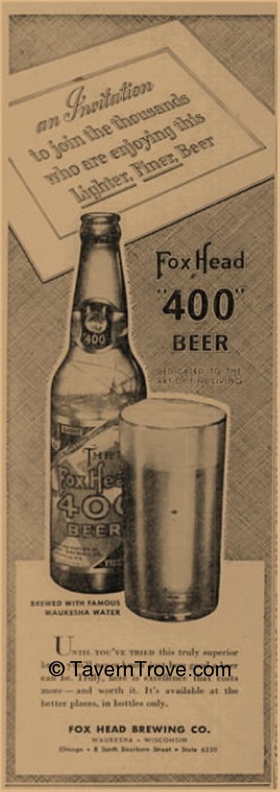 Item #27776 1947 Fox Head 400 Beer Paper Ad