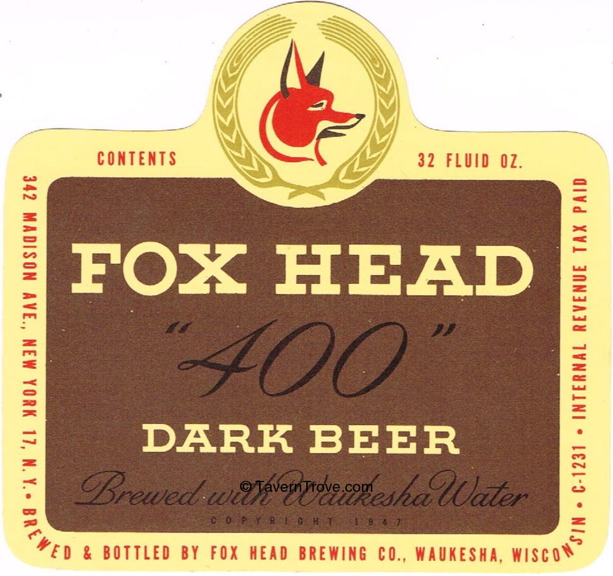 Item #17480 1948 Fox Head "400" Dark Beer Label WI514-53