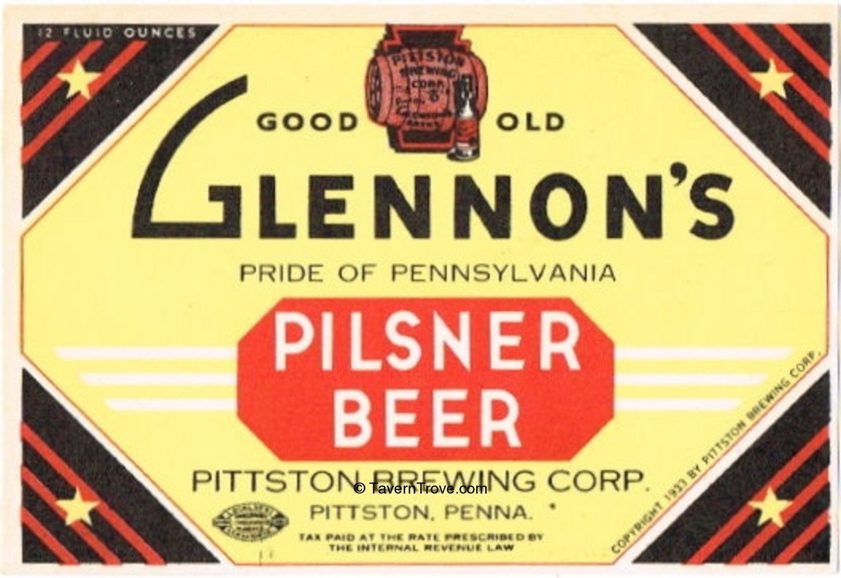 Item #61573 1934 Glennon's Pilsner Beer Label PA98-23