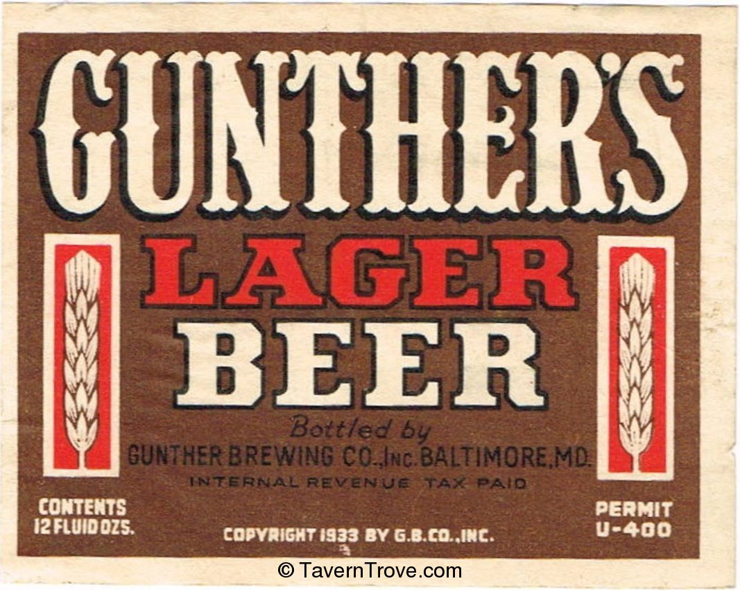 Item #6897 1935 Gunther's Lager Beer Label ES76-25