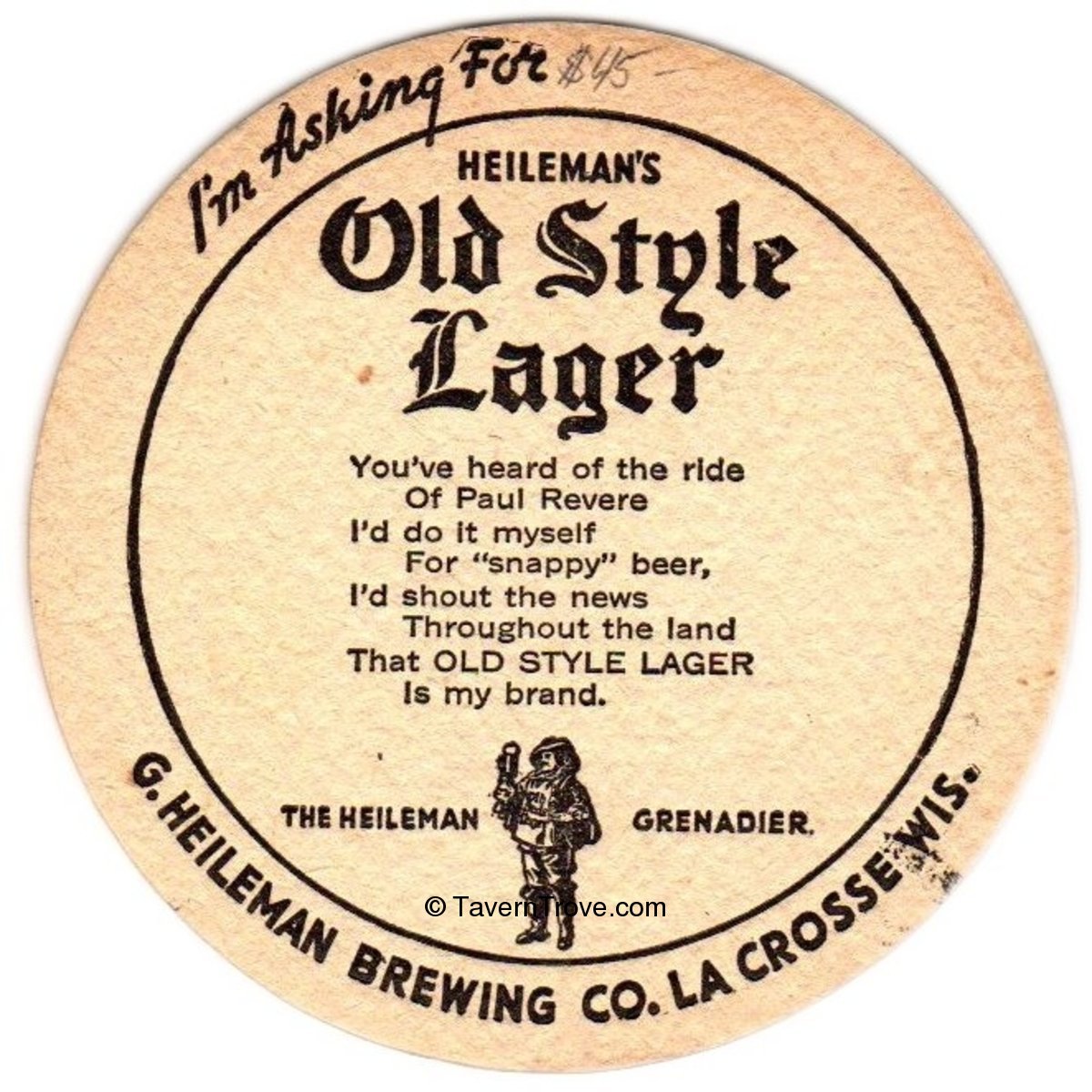 Item #82309 1936 Heileman's Old Style Lager Beer Coaster WI-HEI-9
