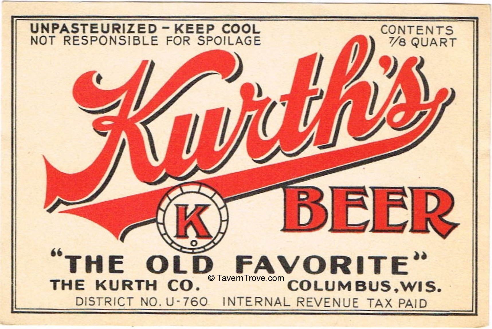 Item #34076 1934 Kurth's Beer Label WI74-10