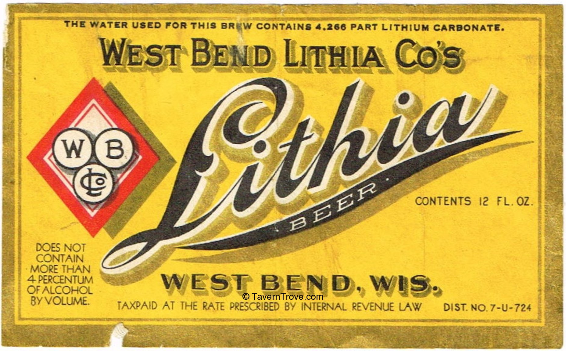 Item #100523 1933 Lithia Beer Label WI525-12