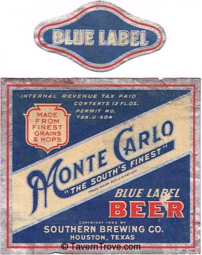 Item #80332 1933 Monte Carlo Blue Label Beer Label WS103-17