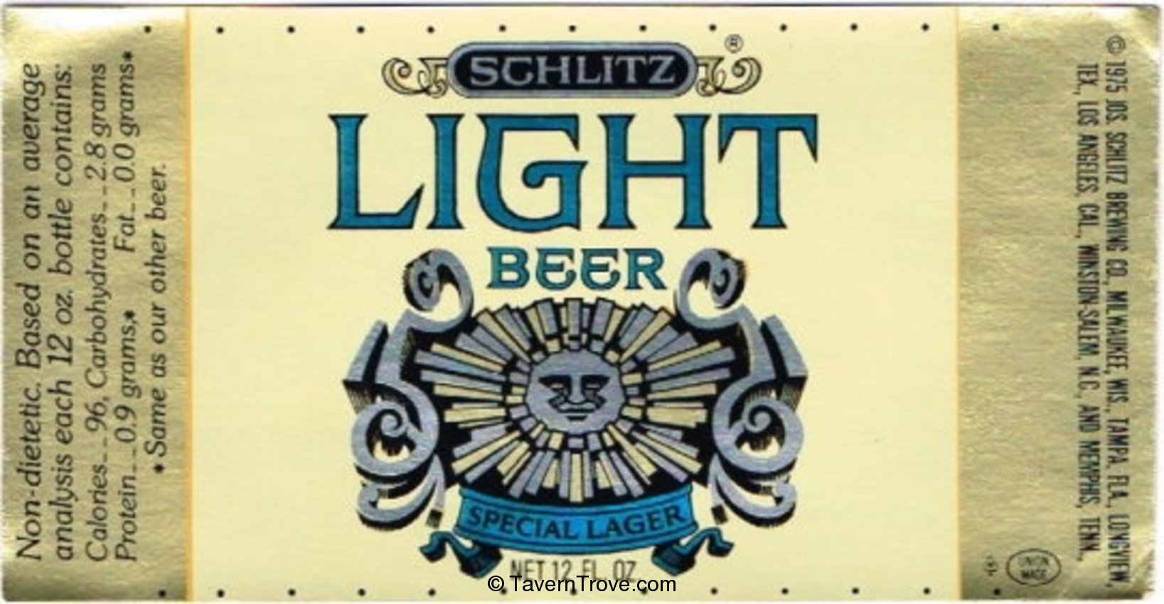Item #73159 1975 Schlitz Light Beer Label WI316