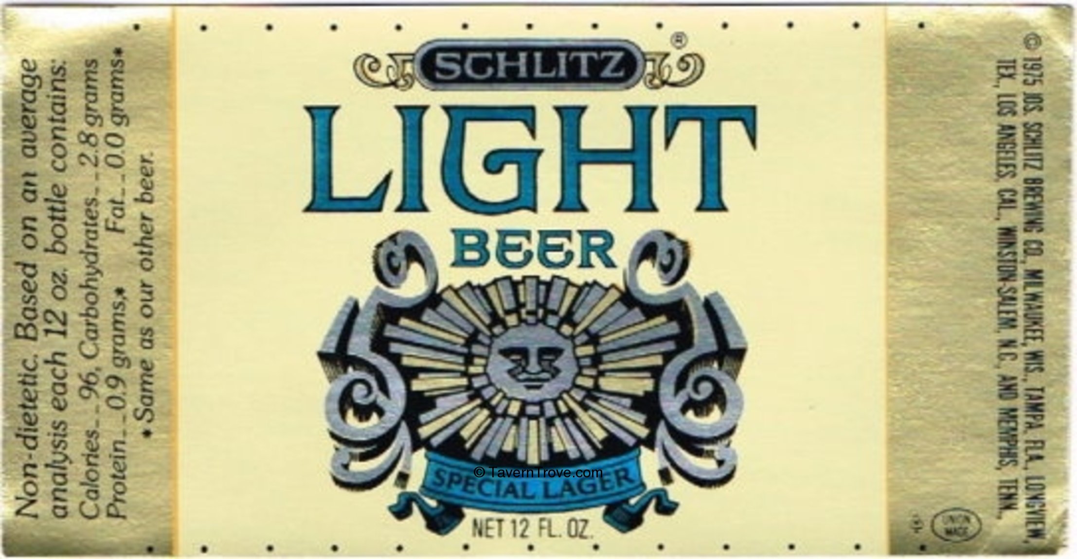 Item #73159 1975 Schlitz Light Beer Label WI316