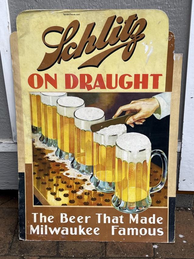Item #8380 1937 Schlitz Beer Foam Scraper Die Cut Window Display Sign
