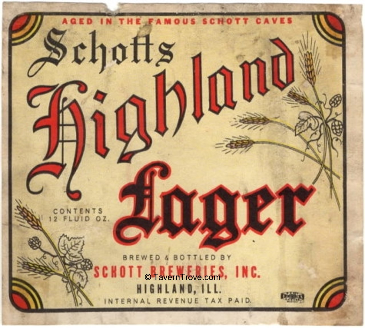 Item #74905 1940 Schott's Highland Lager Beer Label IL80-17