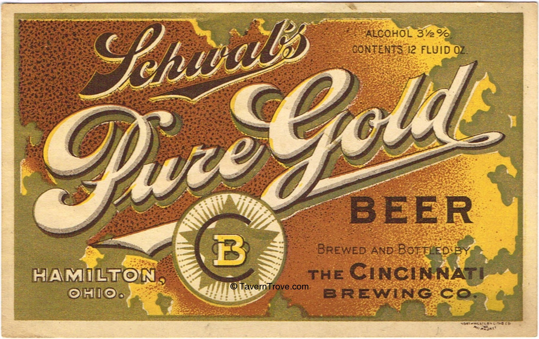 Item #2907 1910 Schwab's Pure Gold Beer Label OH69-08