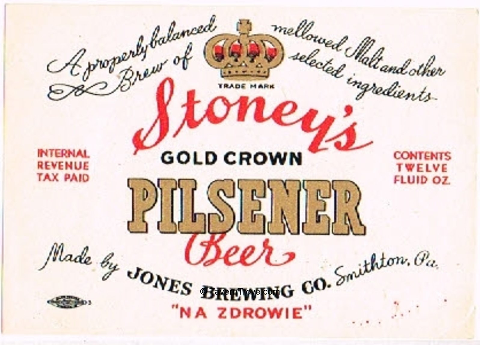 Item #65683 1940 Stoney's Gold Crown Pilsener Beer Label PA116-05