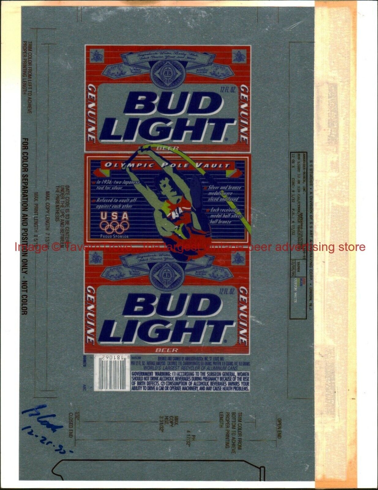 Item #98561 1995 12/5/1995 BUD LIGHT Transparent Mockup Can Proof POLE ...