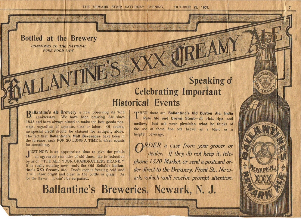 Item #77446 1909 Ballantine's Creamy Ale Paper Ad