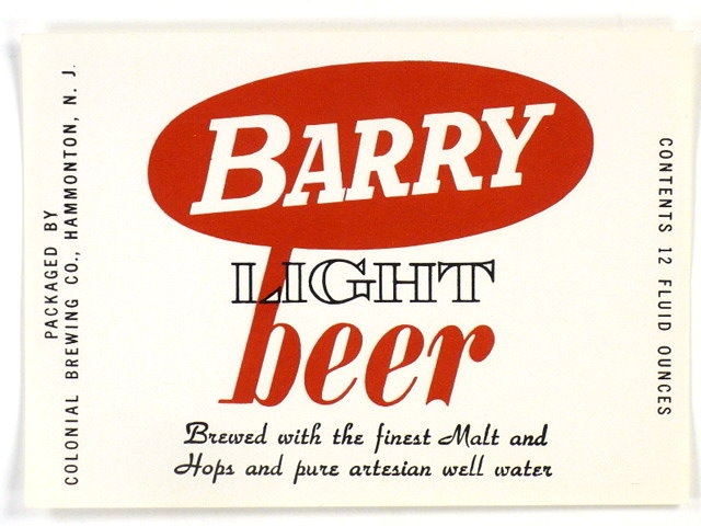 Item #60117 1964 Barry Light Beer Label