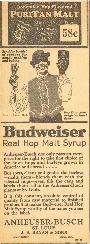 Item #84412 1926 Budweiser Real Malt Hop Syrup Paper Ad
