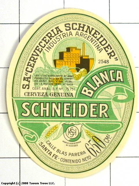 Item #35386 1950 Cerveza Schneider Blanca Label