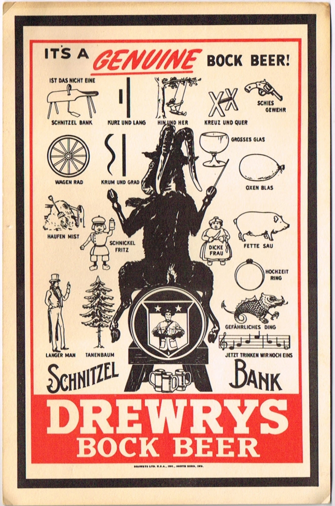 Item #89737 1950 Drewrys Bock Beer Schnitzel Bank tacker Sign