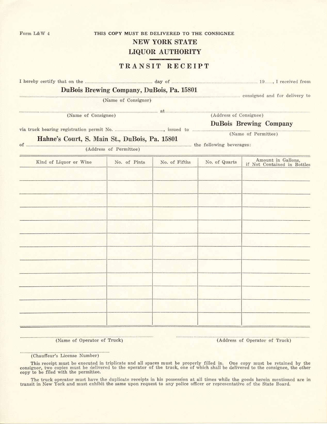 Item #13029 1960 Dubois Brg. Transit Receipt Letterhead