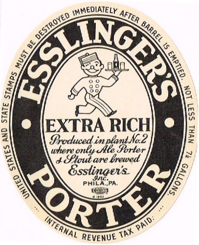 Item #48013 1941 Esslinger's Porter Label PA73-16
