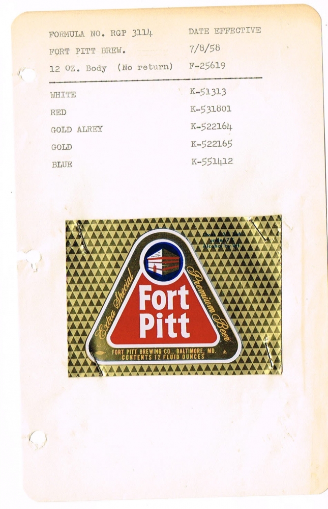 Item #79426 1958 Fort Pitt Beer (Proof Sheet) Label