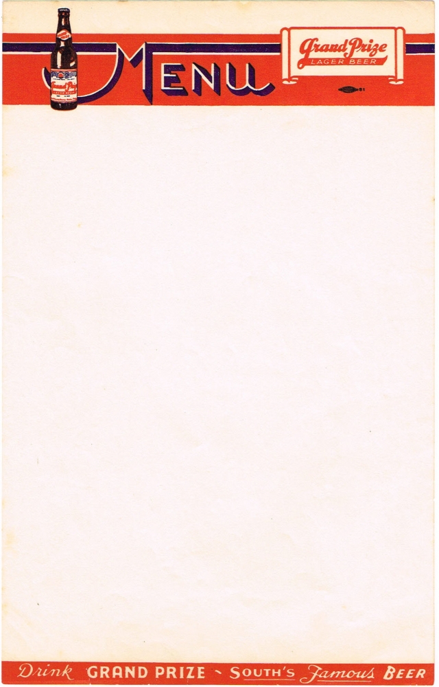 Item #79393 1937 Grand Prize Beer Menu Sheet