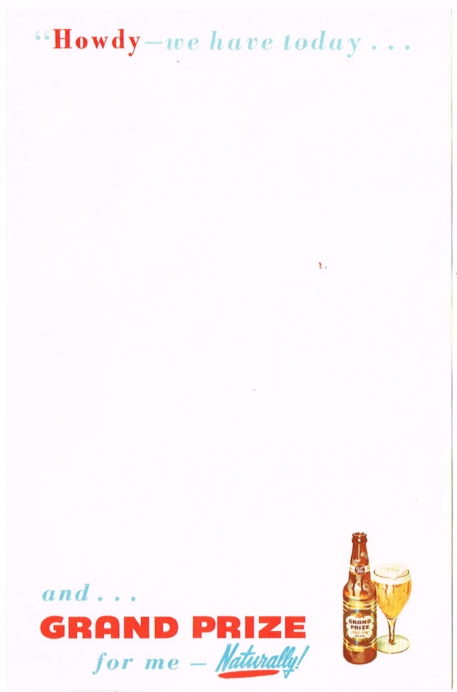 Item #79394 1953 Grand Prize Beer Menu Sheet