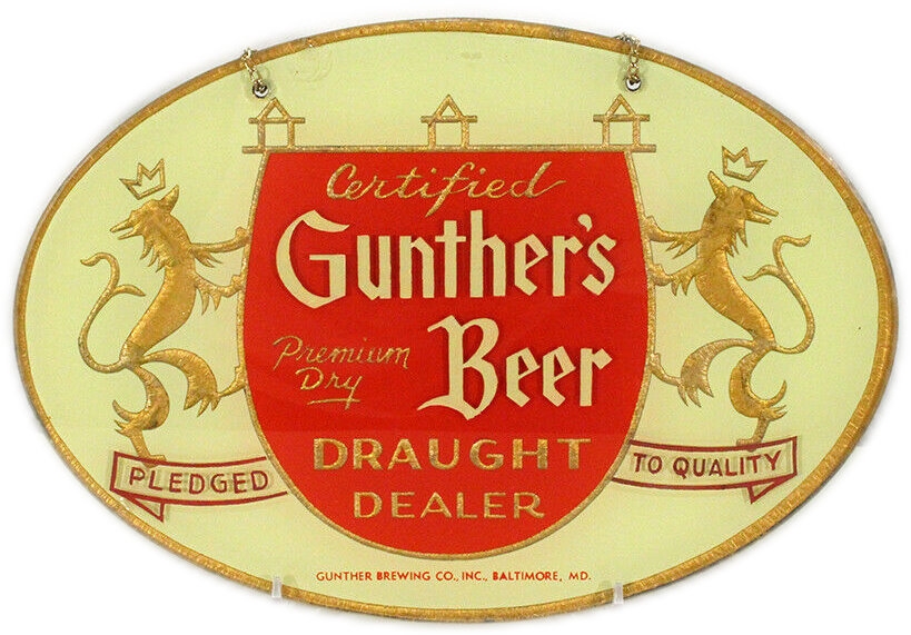 Item #86589 1950 Gunther's Premium Dry Beer Reverse-Painted Glass Sign