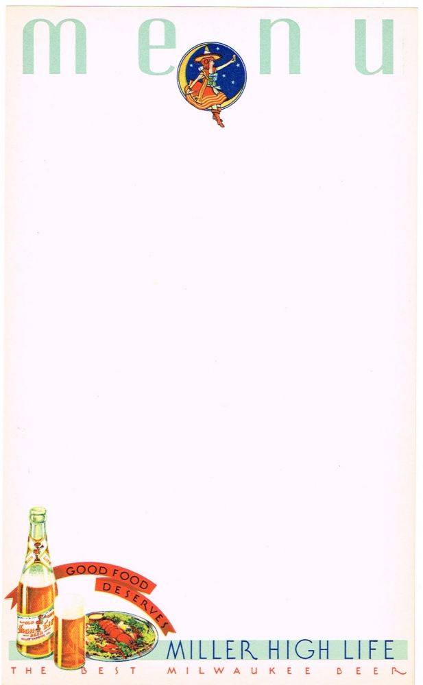 Item #78914 1935 Miller High Life Beer Menu Sheet