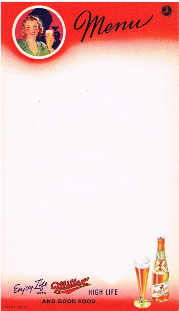 Item #87845 1936 Miller High Life Beer Menu Sheet