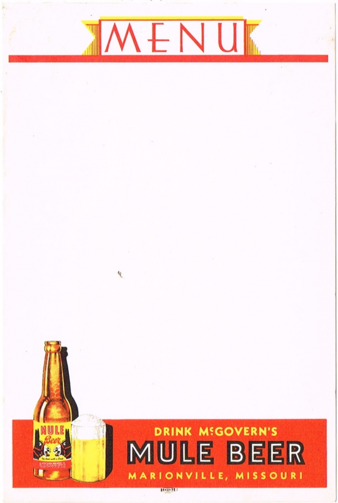 Item #79938 1938 Mule Beer Menu Sheet