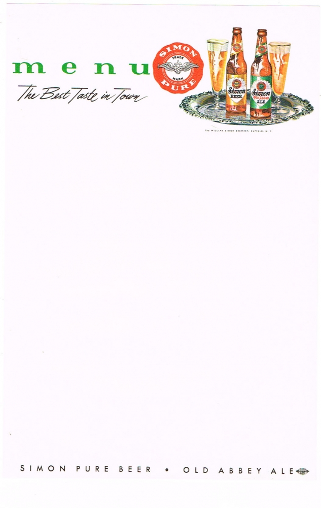 Item #78876 1955 Simon Pure Beer Menu Sheet