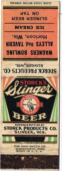 Item #9921 1938 Storck's Slinger Beer Matchcover WI-STORCK-2-WBA
