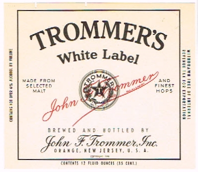Item #64618 1943 Trommer's White Label Malt Beer Label NY91-13V