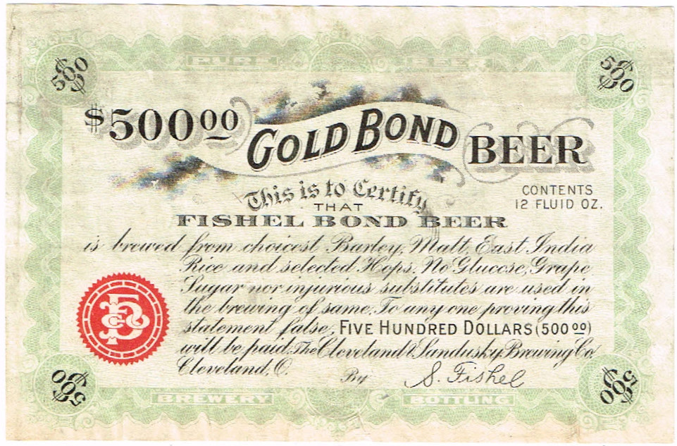 Item #110223 1915 $500 Gold Bond Beer Label OH38-22