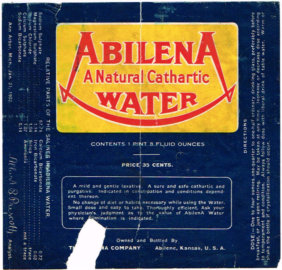 Item #101146 1925 Abelina Table Water Abeline Kansas Label