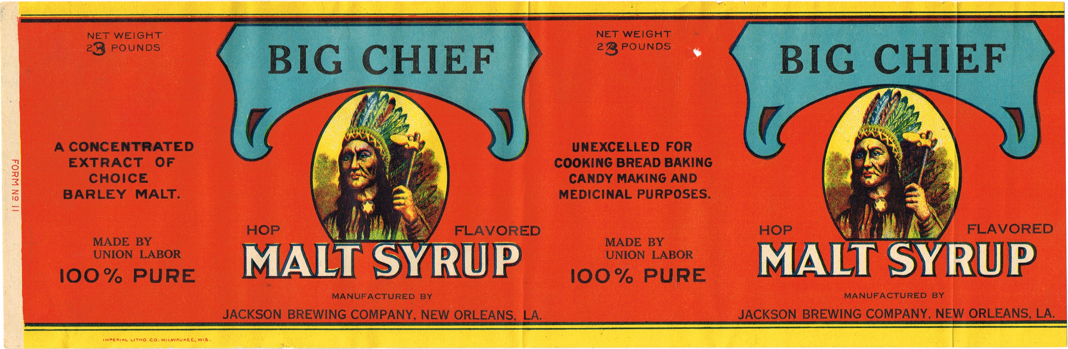 Item #95710 1920 Big Chief Malt Syrup Label