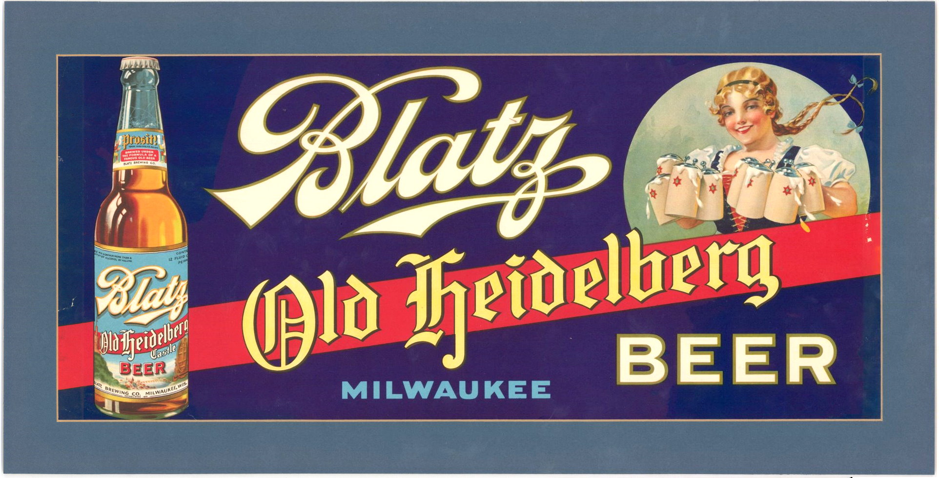 Item #95516 1935 Blatz Old Heidelberg Beer Matted Paper Sign Sign