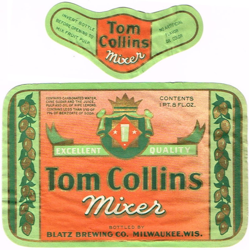 Item #107115 1924 Blatz Tom Collins Mixer Label WI288-50