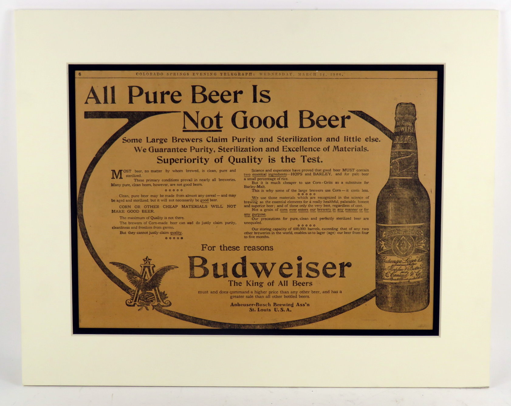Item #95555 1906 Budweiser Beer Newspaper Ad Paper Ad