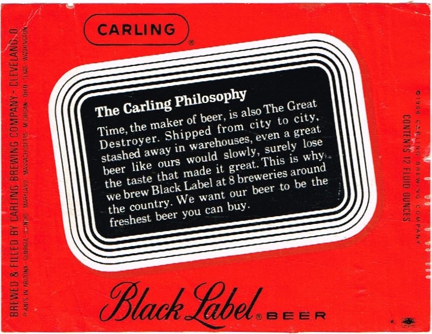 Item #110264 1958 Carling's Black Label Beer "Philosophy" Dupe Label
