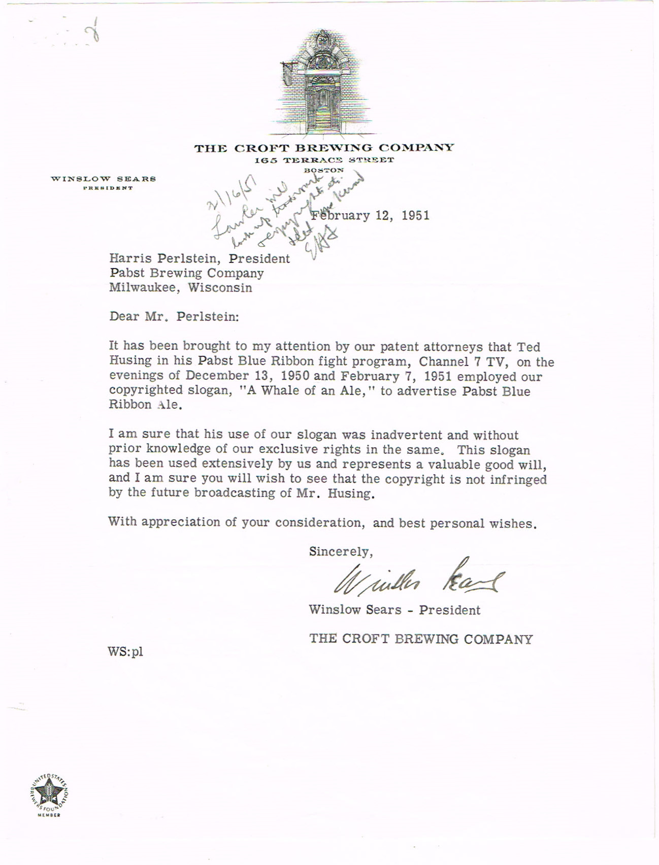 Item #37530 1951 Croft Brewing Co. Letter Letterhead
